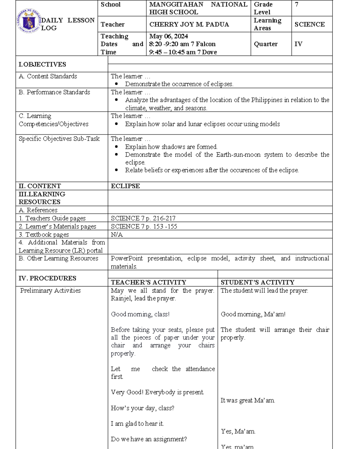 Grade 7 Science Lesson on Solar and Lunar Eclipses - DLP - Studocu