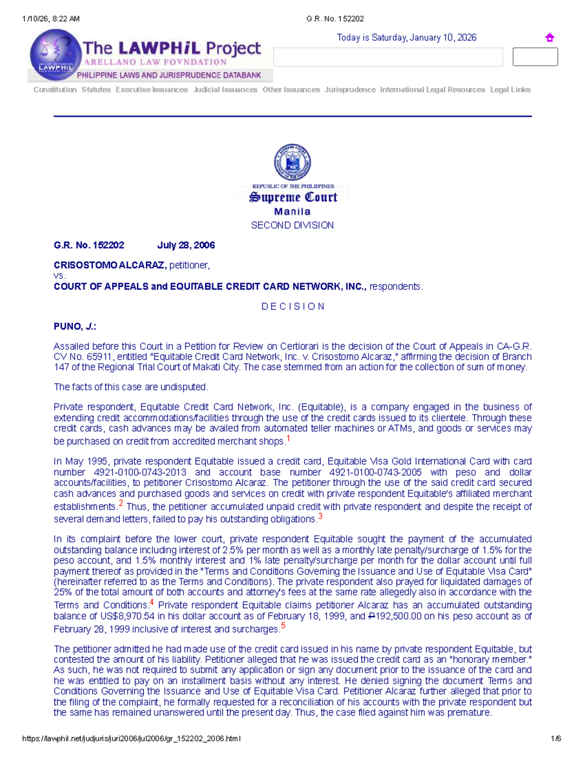 Crisostomo Alcaraz vs. Equitable Credit Card Network, Inc. G.R. No ...