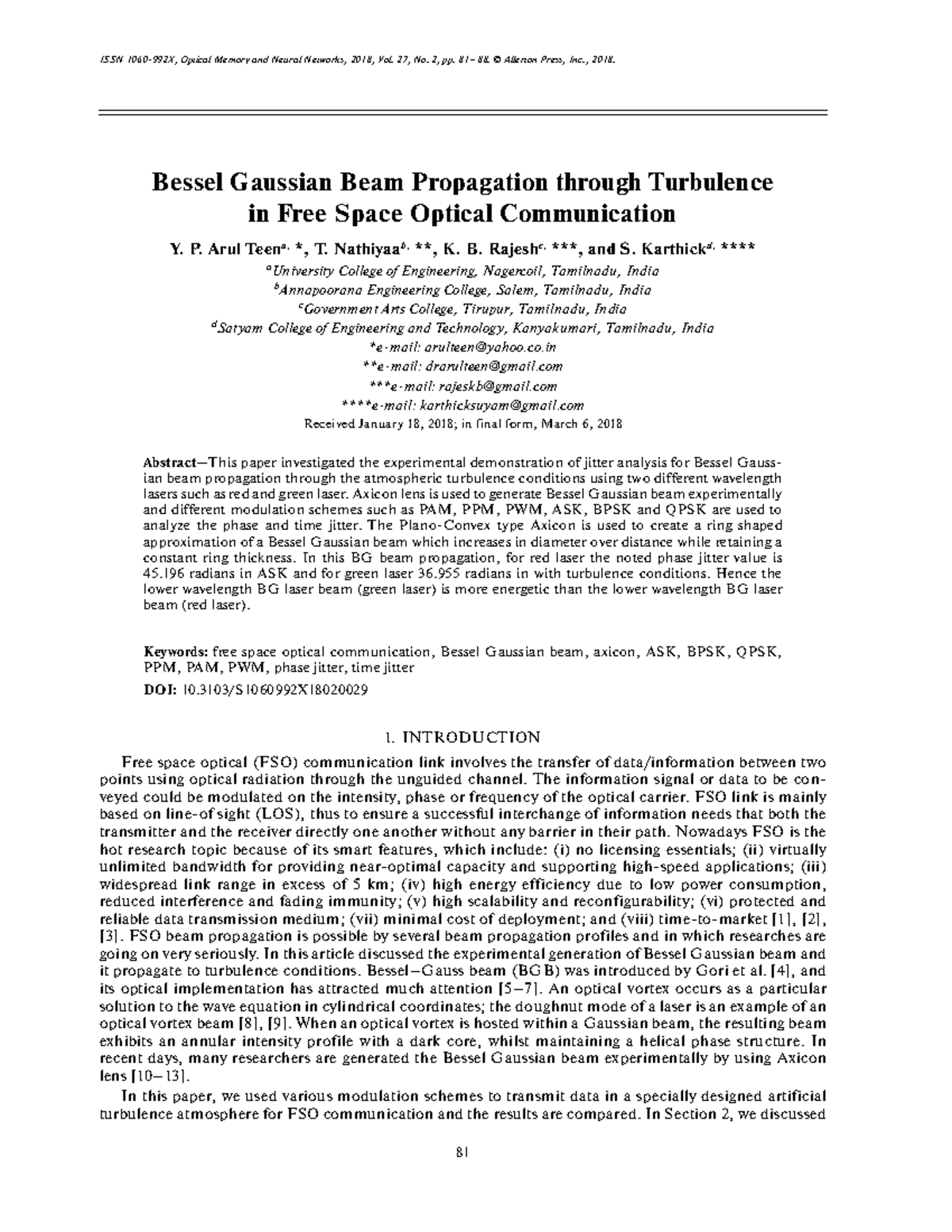 Bessel Gaussian Beam Propagation in FSO Communication: Jitter Analysis ...