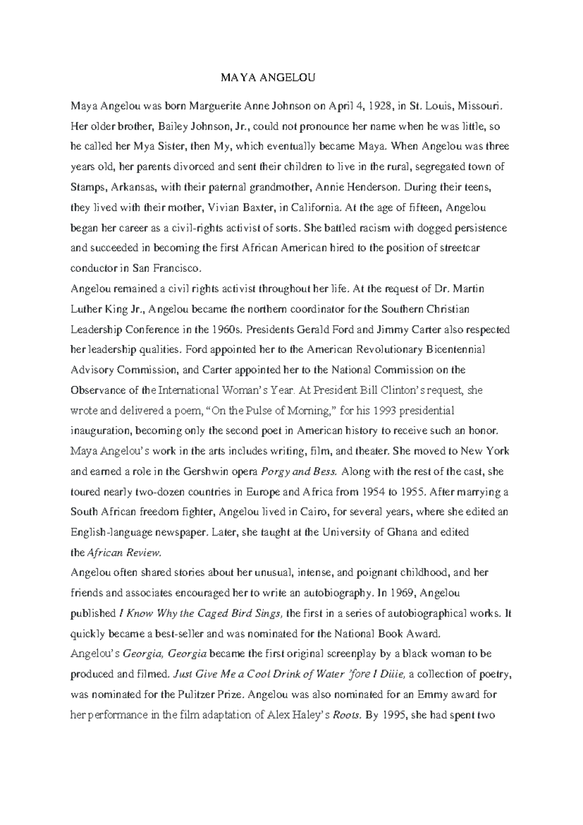 I KNOW WHY THE CAGED BIRD SINGS: A Study of Maya Angelou's Life - Studocu