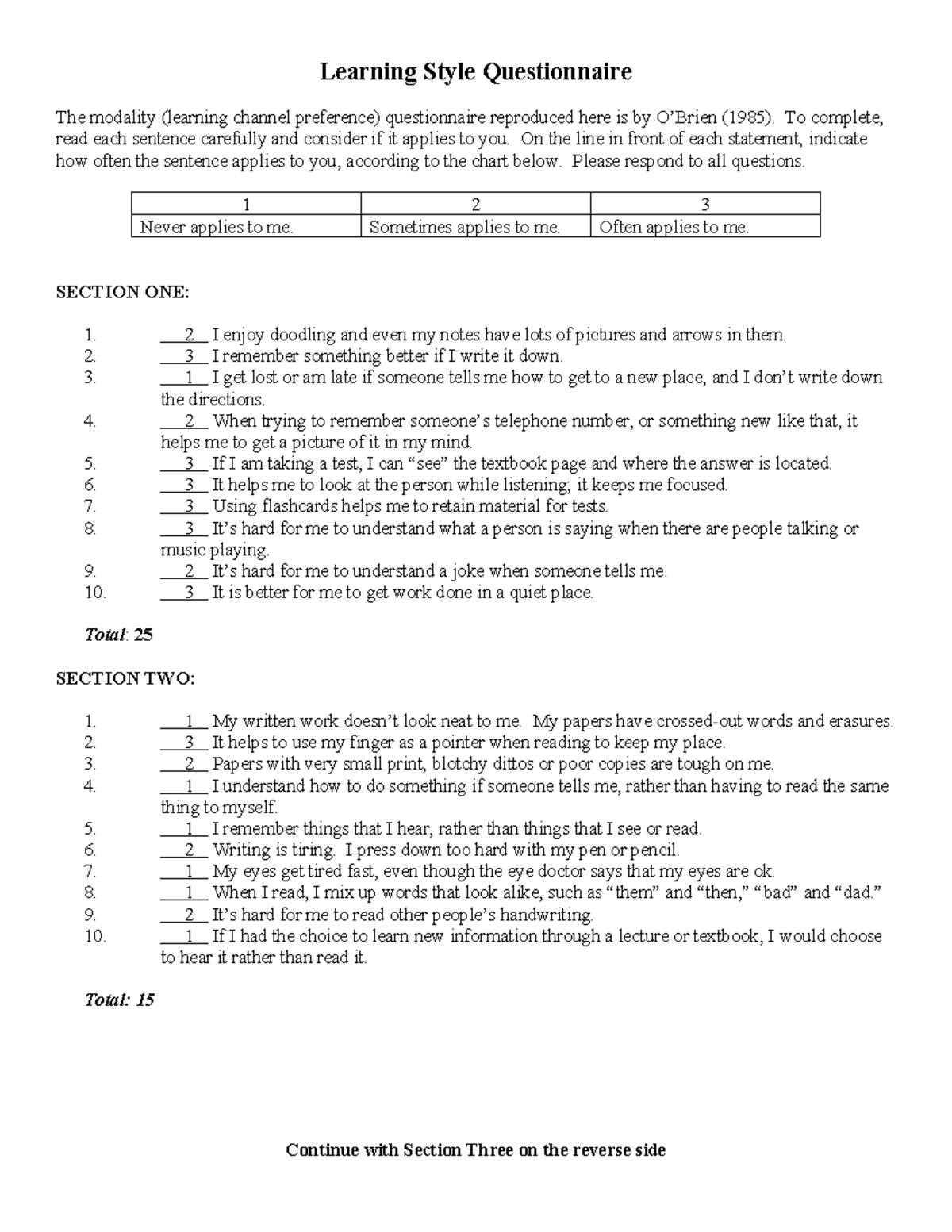 Learning Style Questionnaire: Assessing Your Modality Preferences - Studocu