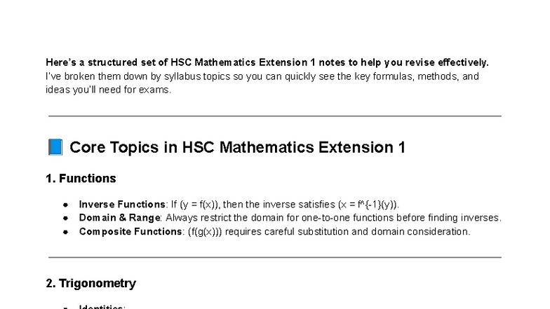 HSC Mathematics Extension 1 Revision Notes: Key Topics & Formulas - Studocu
