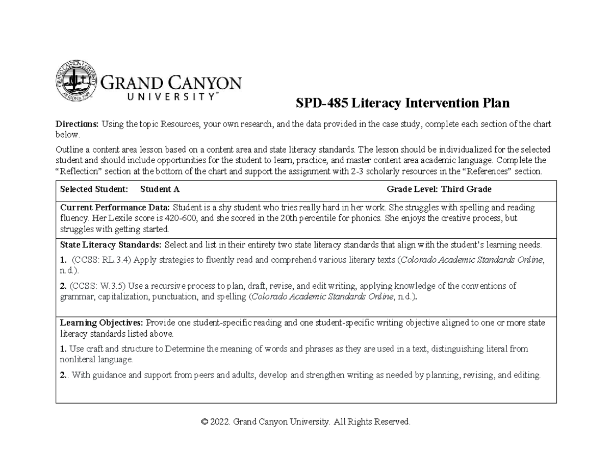 SPD-485 RS T8 Literacy Intervention Plan for Third Grade Student - Studocu