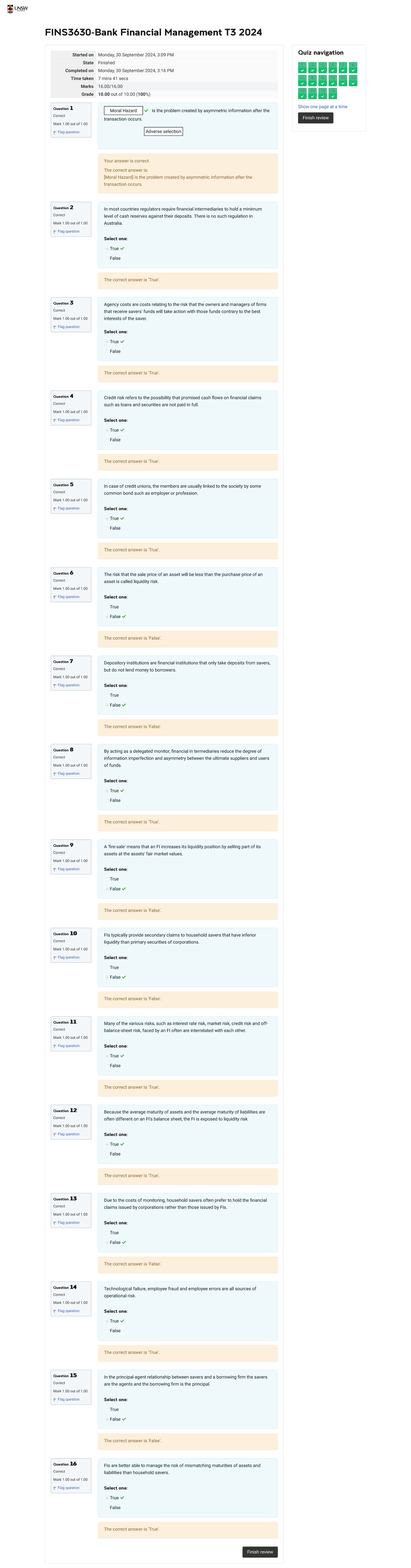 Week 1 Practice Quiz: Attempt review UNSW - FINS3630-Bank Financial ...