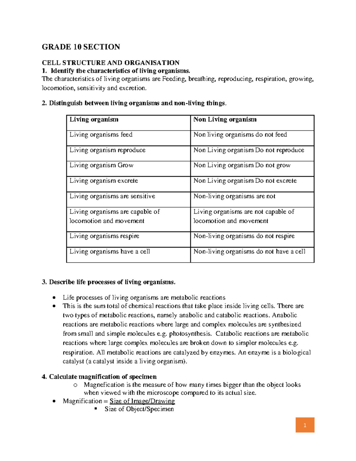 Biology Notes 10-12: Cell Structure & Organism Characteristics - Studocu