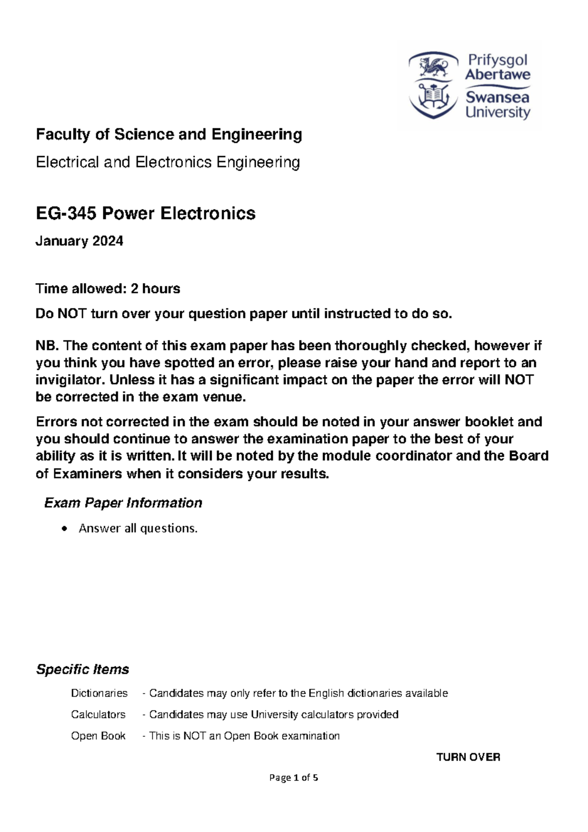 EG-345 Power Electronics Exam Paper - January 2024 - Studocu