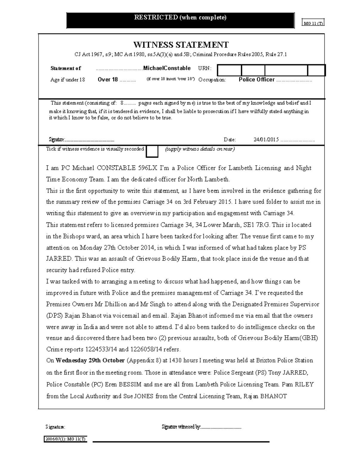 Witness Statement Form MG 11 - Police Incident at Carriage 34 - Studocu
