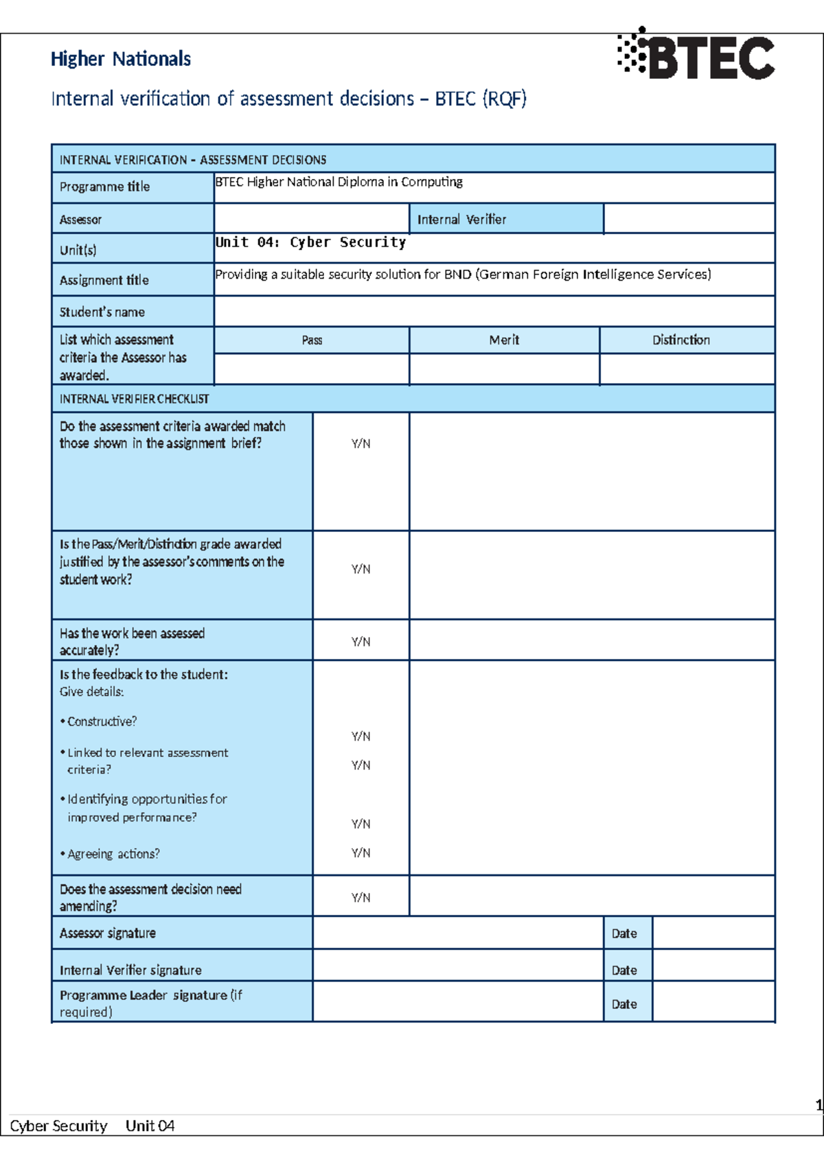 Unit 10: Cyber Security - Internal Verification & Assessment Decisions ...