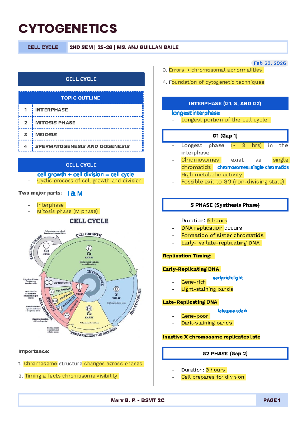 CYTOGENETICS LEC MIDTERM NOTES - CELL CYCLE & MEIOSIS - Studocu