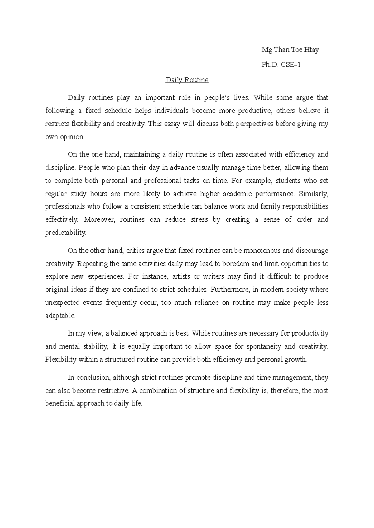 ENG 2 - Essay Notes on Daily Routines and Diet Plans - Studocu