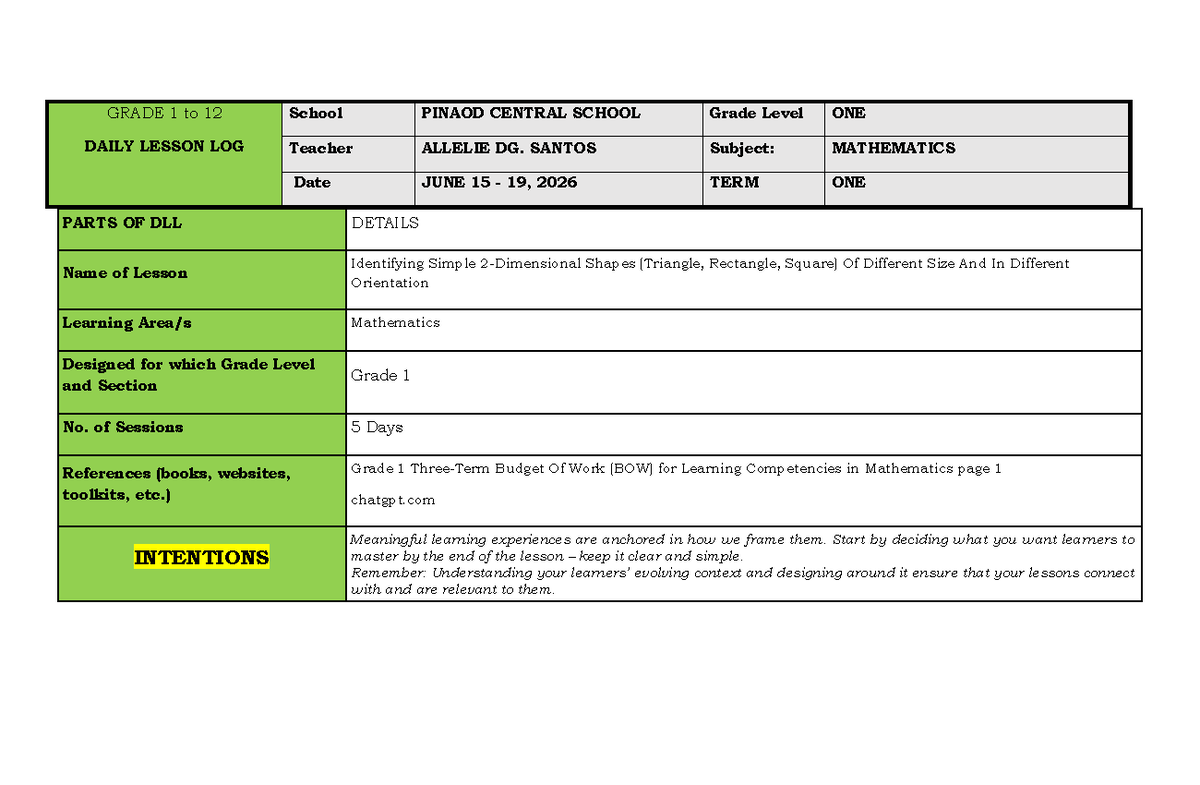 Grade 1 Mathematics Daily Lesson Log: Identifying Simple Shapes (June ...