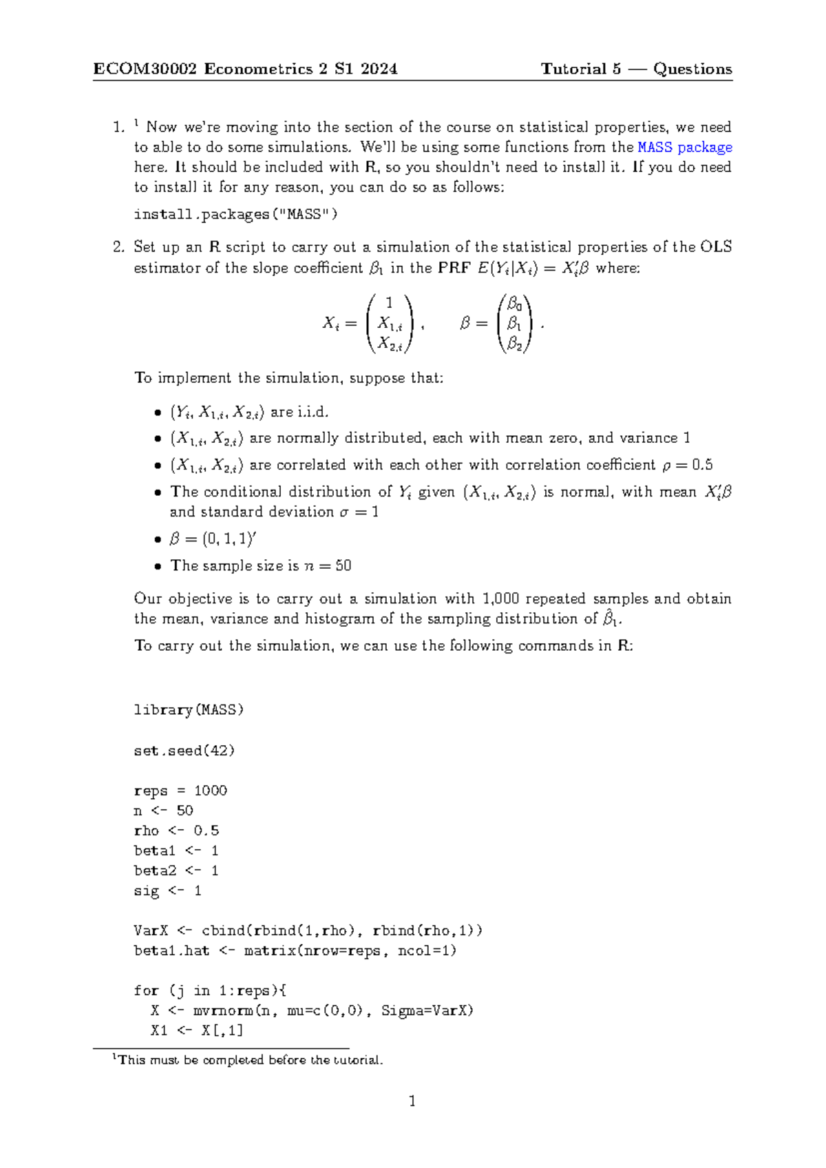 Tutorial 5 - ECOM30002 Econometrics 2 S1 2024 Tutorial 5 — Questions 1 ...