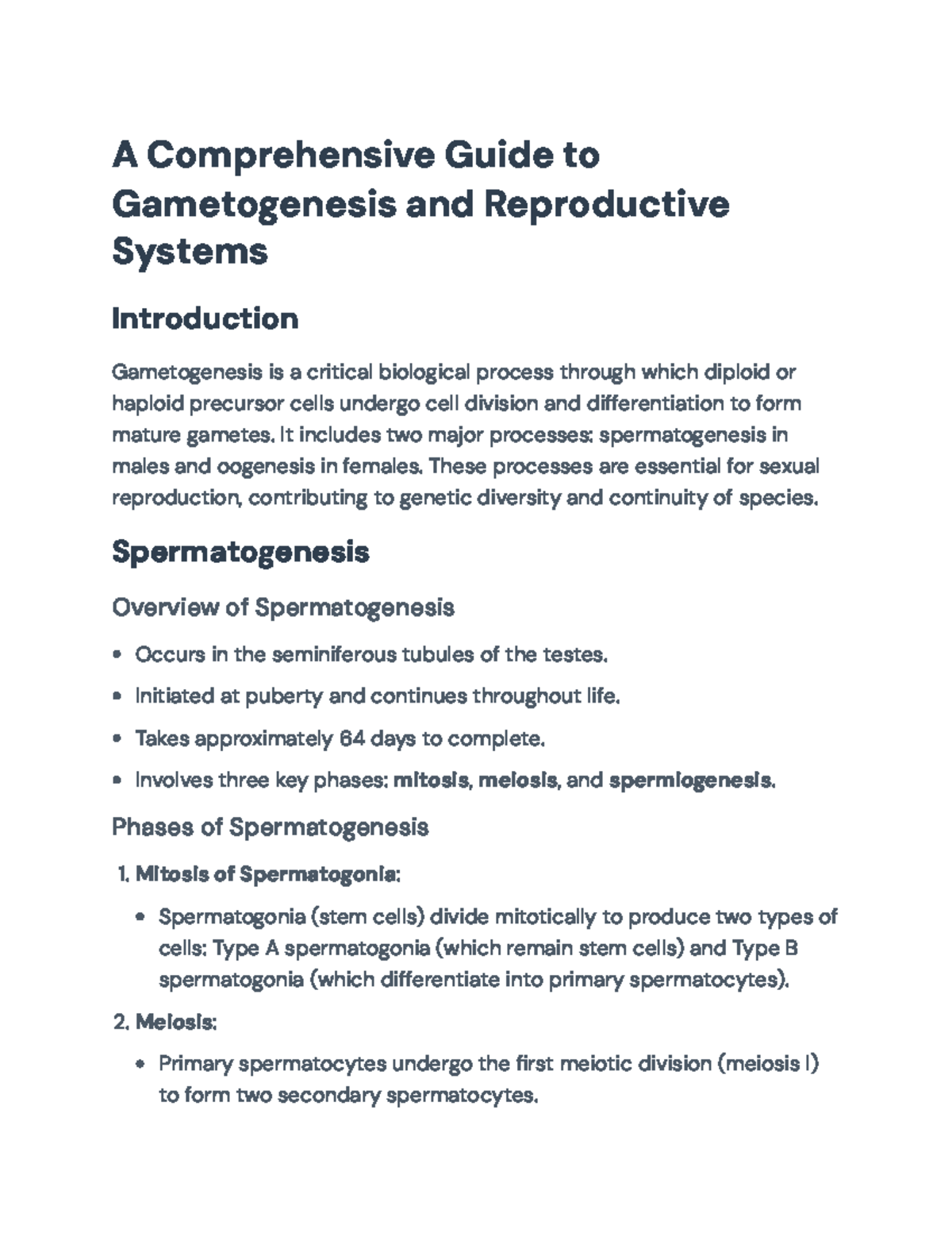 Gametogenesis & Reproductive Systems Overview - Bio 101 Guide - Studocu