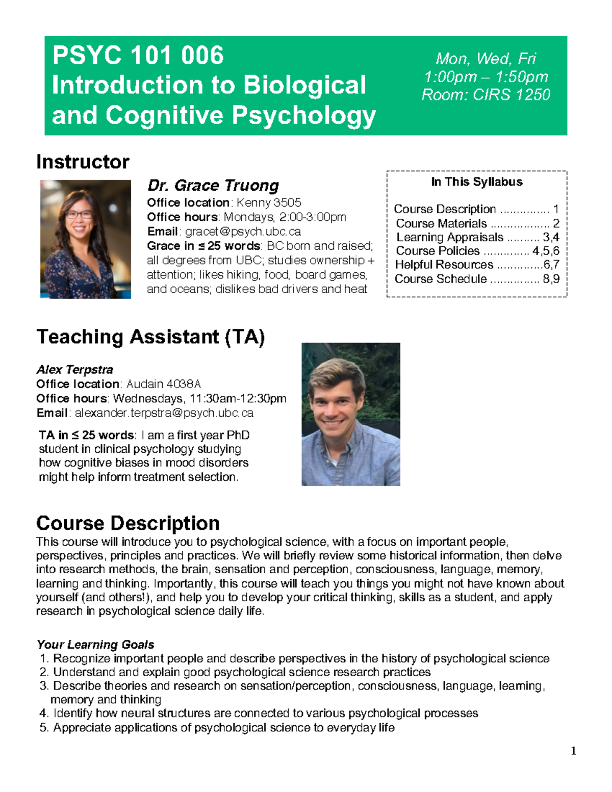 PSYC 101 006 Syllabus: Introduction to Biological & Cognitive ...
