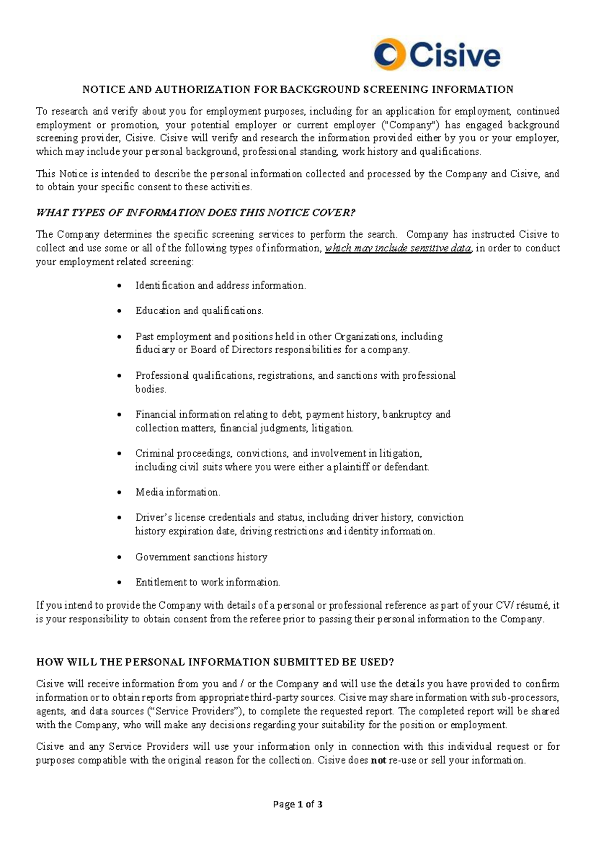 English Cisive Internal Global FORM - Page 1 of 3 NOTICE AND ...