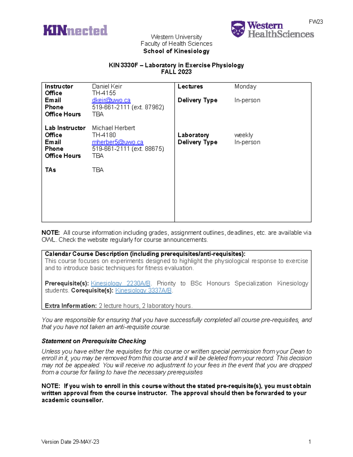 KIN3330F - Exercise Physiology Lab Syllabus - Fall 2023 - Studocu