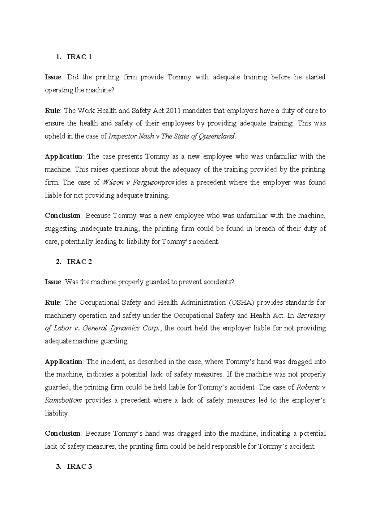 IRAC Analysis for Business Law Cases: Liability and Safety Issues - Studocu