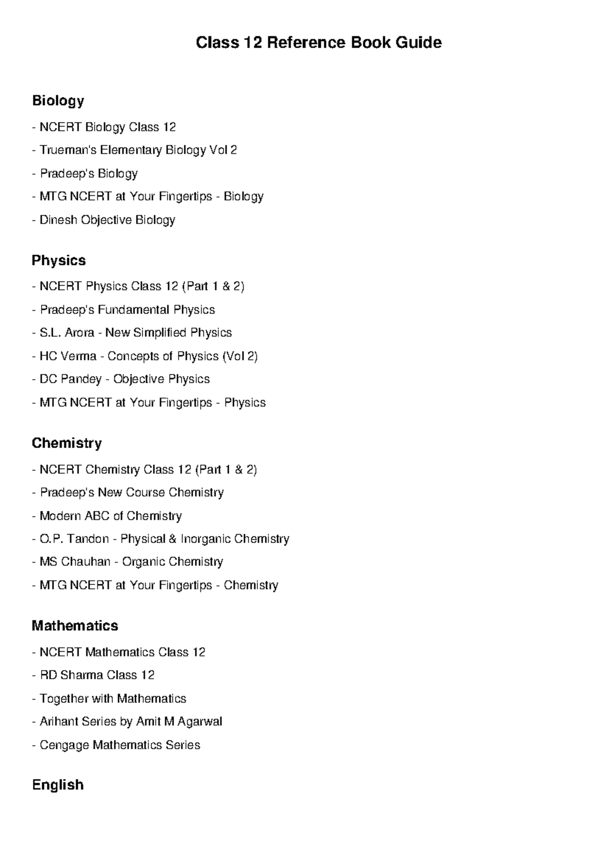 Class 12 Reference Book Guide for Biology, Physics, Chemistry, and Math ...