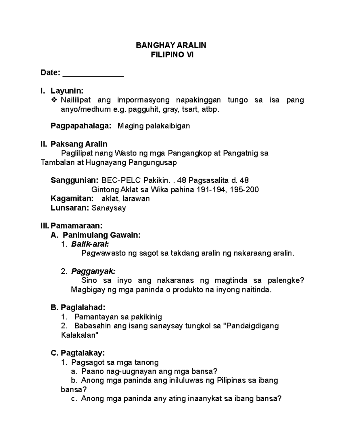 DLP - Filipino VI - Comprehensive Detailed Lesson Plan - Studocu