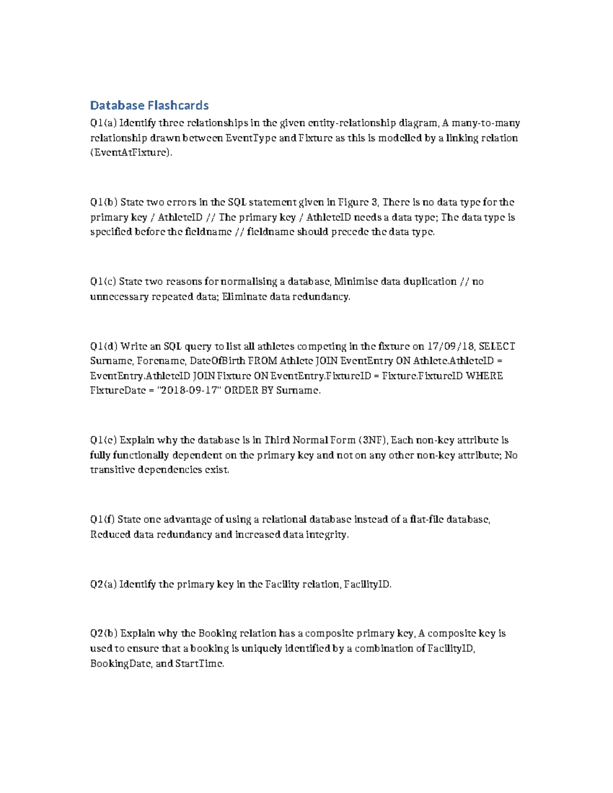 Database Flashcards: Key Concepts & SQL Queries for Exam - Studocu