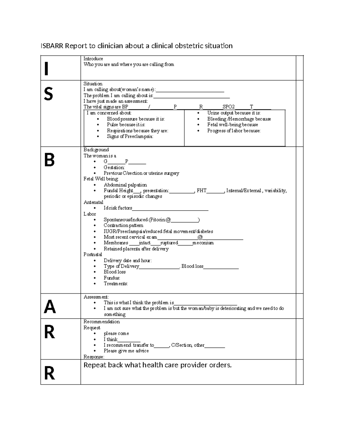 Isbarr (10) - ISBAR sheet - ISBARR Report to clinician about a clinical ...