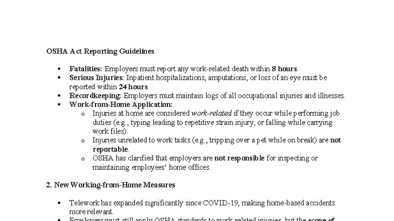 OSHA Act Reporting Guidelines: Fatalities & Injuries in Telework - Studocu