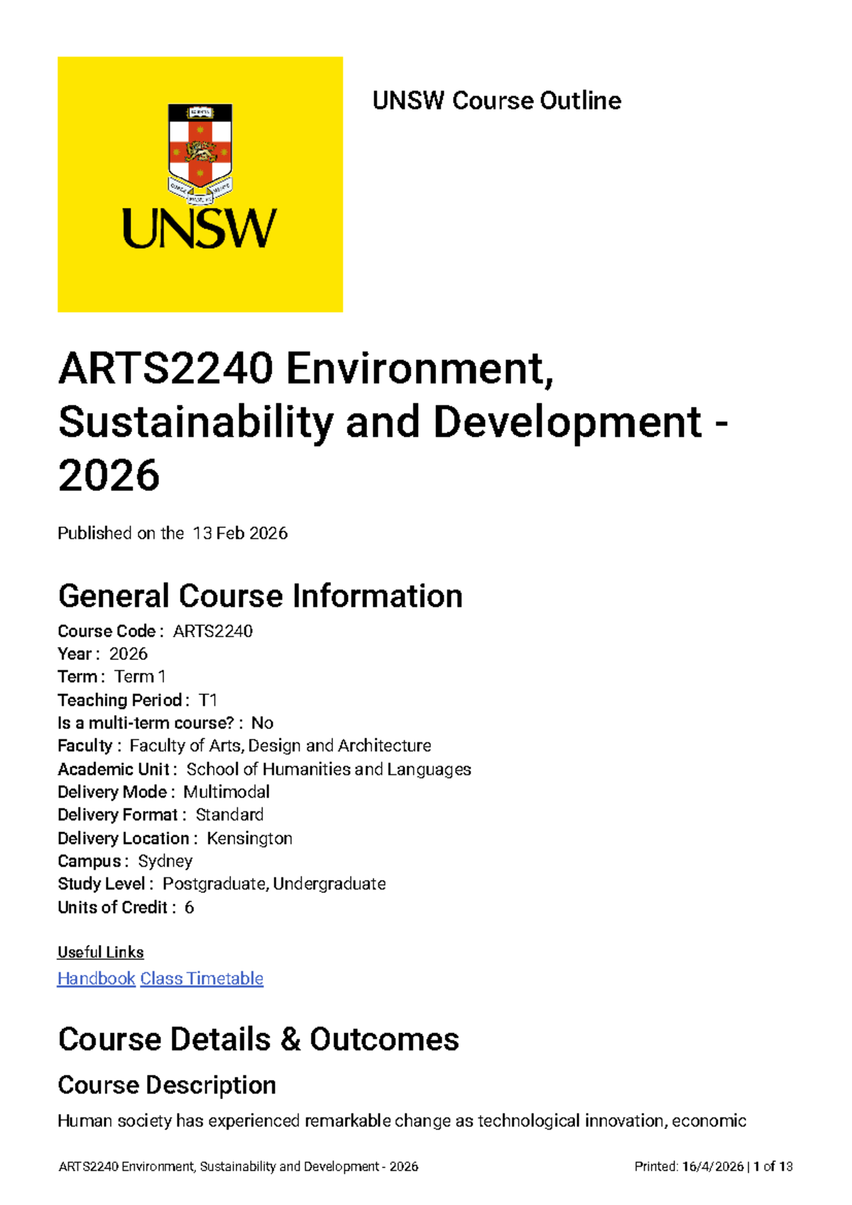 ARTS2240 Course Outline: Environment, Sustainability & Development 2026 ...
