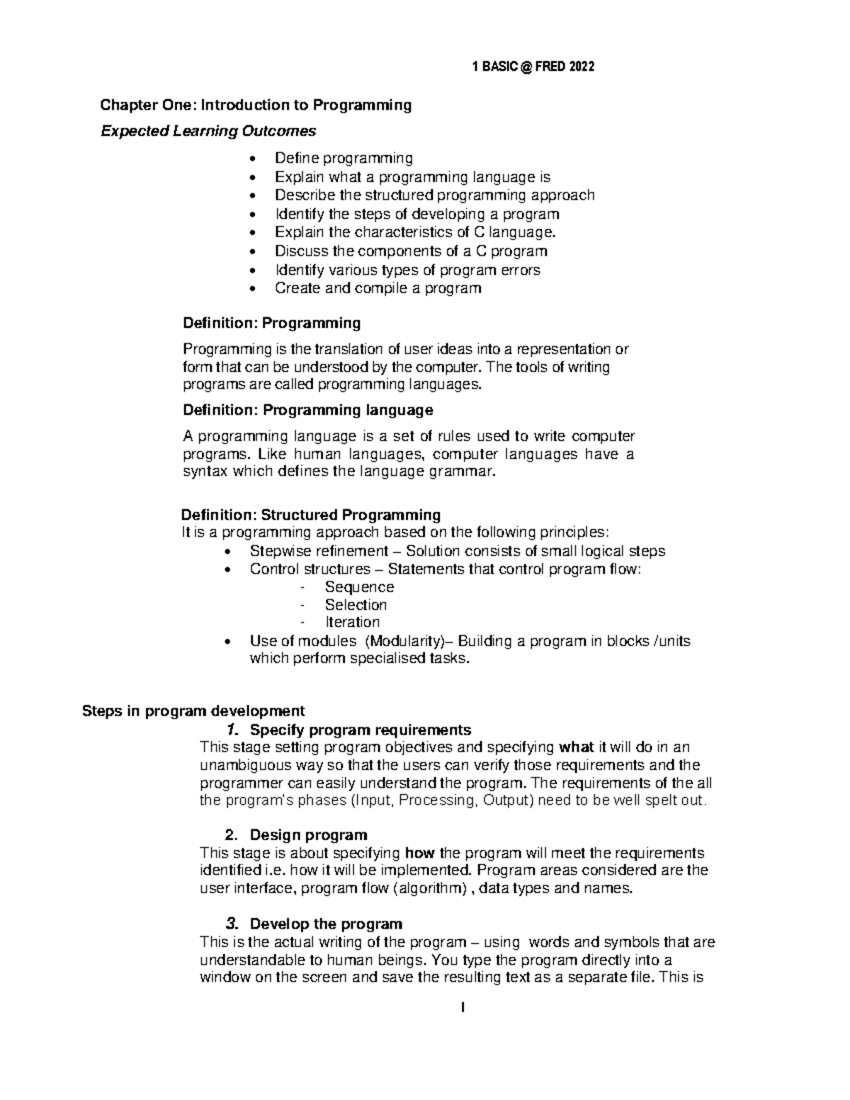 1 C BASIC 2022 Chapter 1: Intro to Programming Concepts and C Language - Studocu