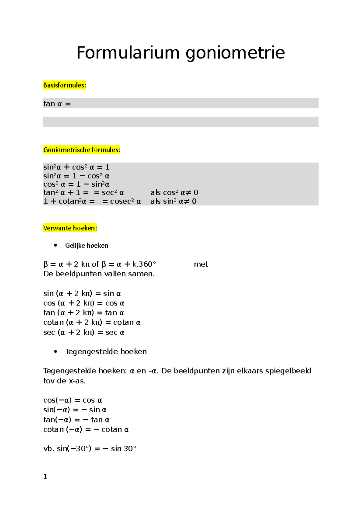 Formularium goniometrie - Formularium goniometrie Basisformules: tan α ...