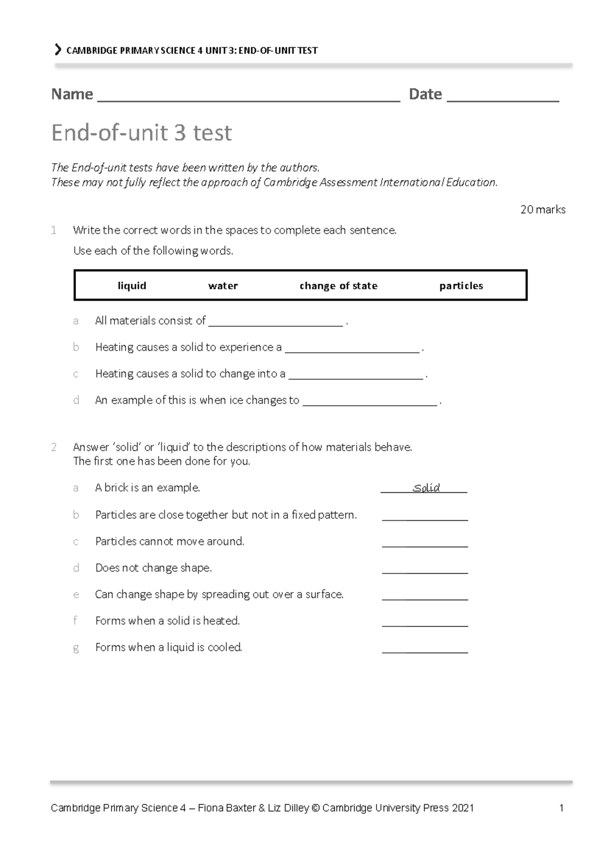CAMBRIDGE PRIMARY SCIENCE 4 UNIT 3: END-OF-UNIT TEST - Studocu