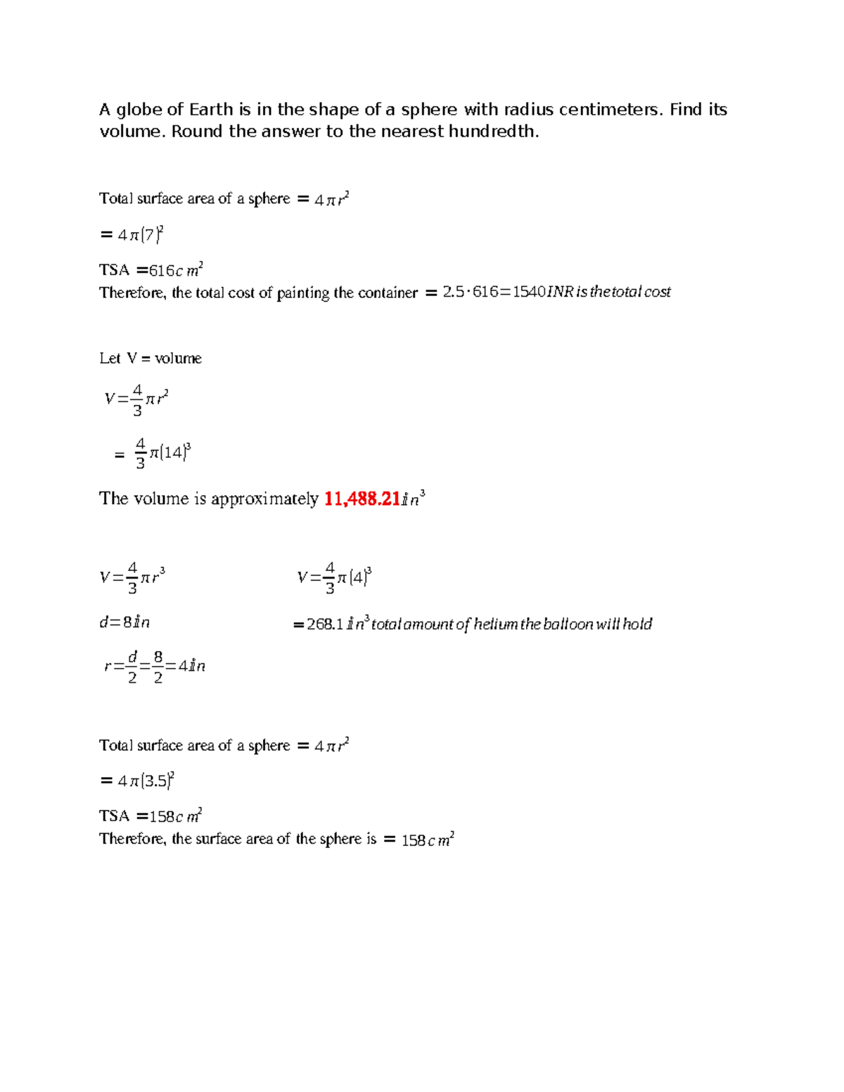 Sphere Volume and Surface Area Calculations (Math 101) - Studocu