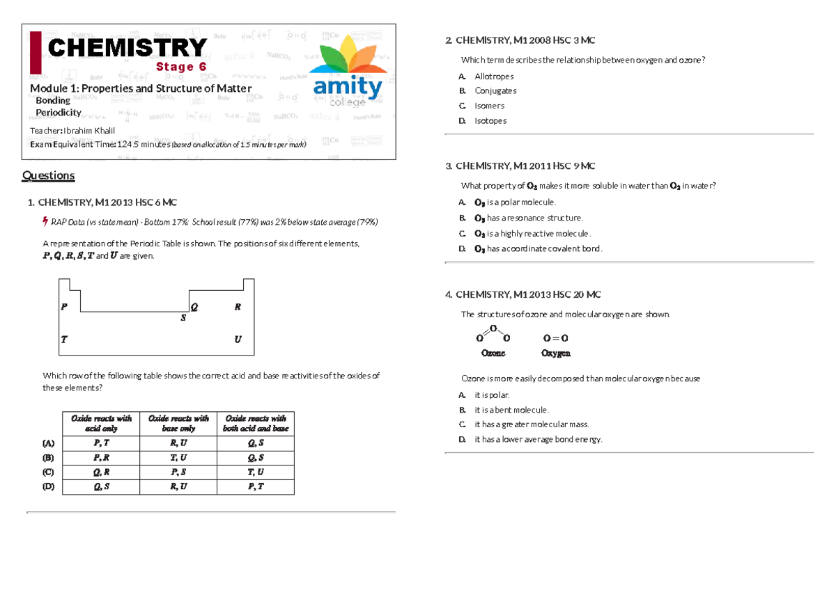 CHEMISTRY M1 HSC Practice Questions: Properties & Structure of Matter - Studocu