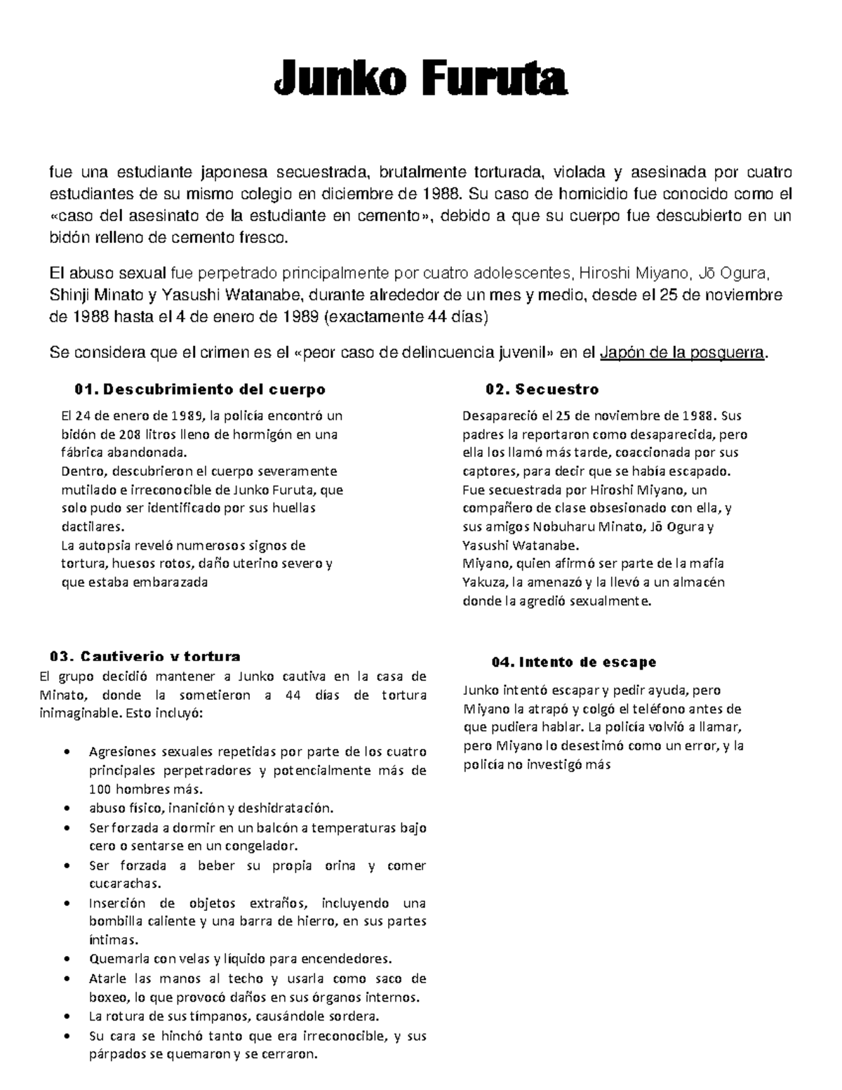 Caso de Junko Furuta: Secuestro y Tortura en Japón (1988-1989) - Studocu