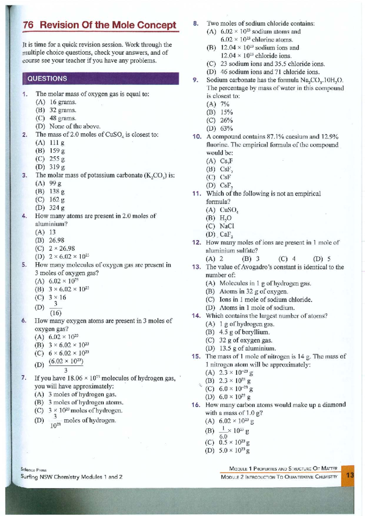 M2 IQ2 Quiz: Revision of the Mole Concept and Key Questions - Studocu