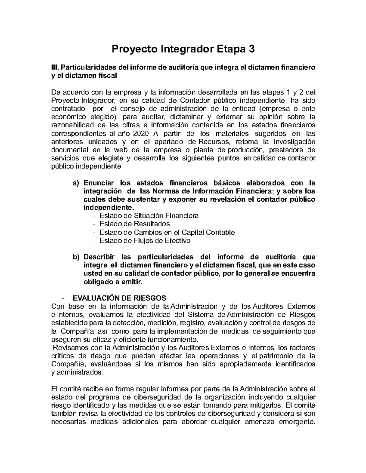 actividad 9 proyecto integrador etapa 3 - Proyecto Integrador Etapa 3 III. Particularidades del ...