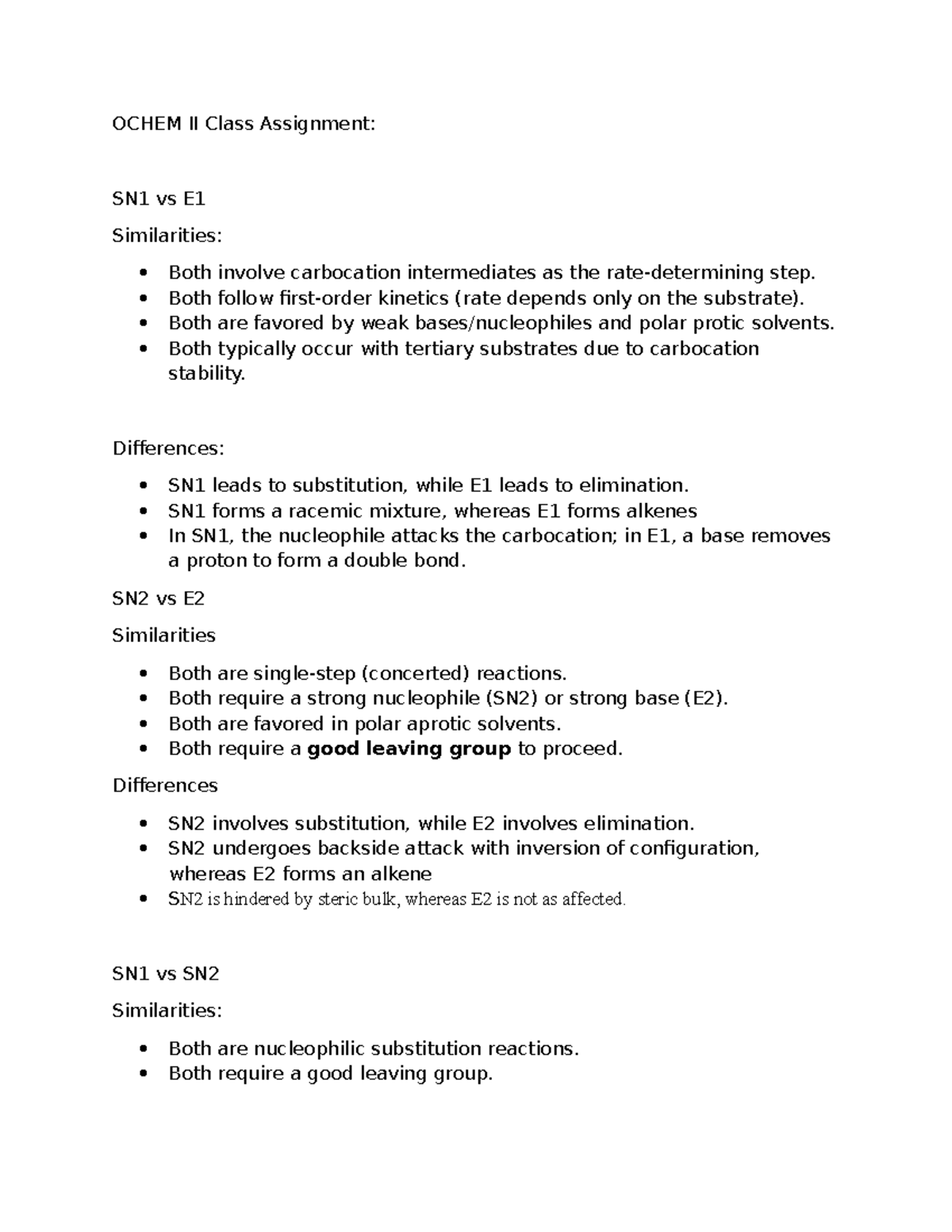 OCHEM II Class Assignment: Comparing SN1, E1, SN2, and E2 Reactions ...