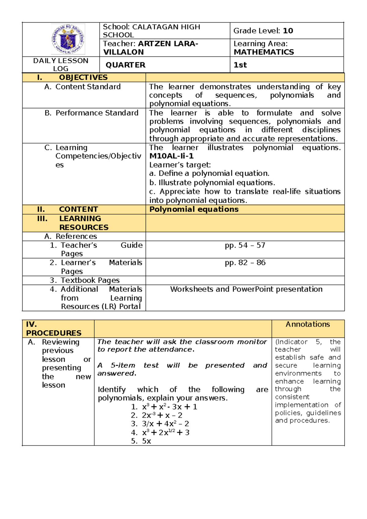 Mathematics 10: Polynomials Lesson Plan for Quarter 1 - Studocu