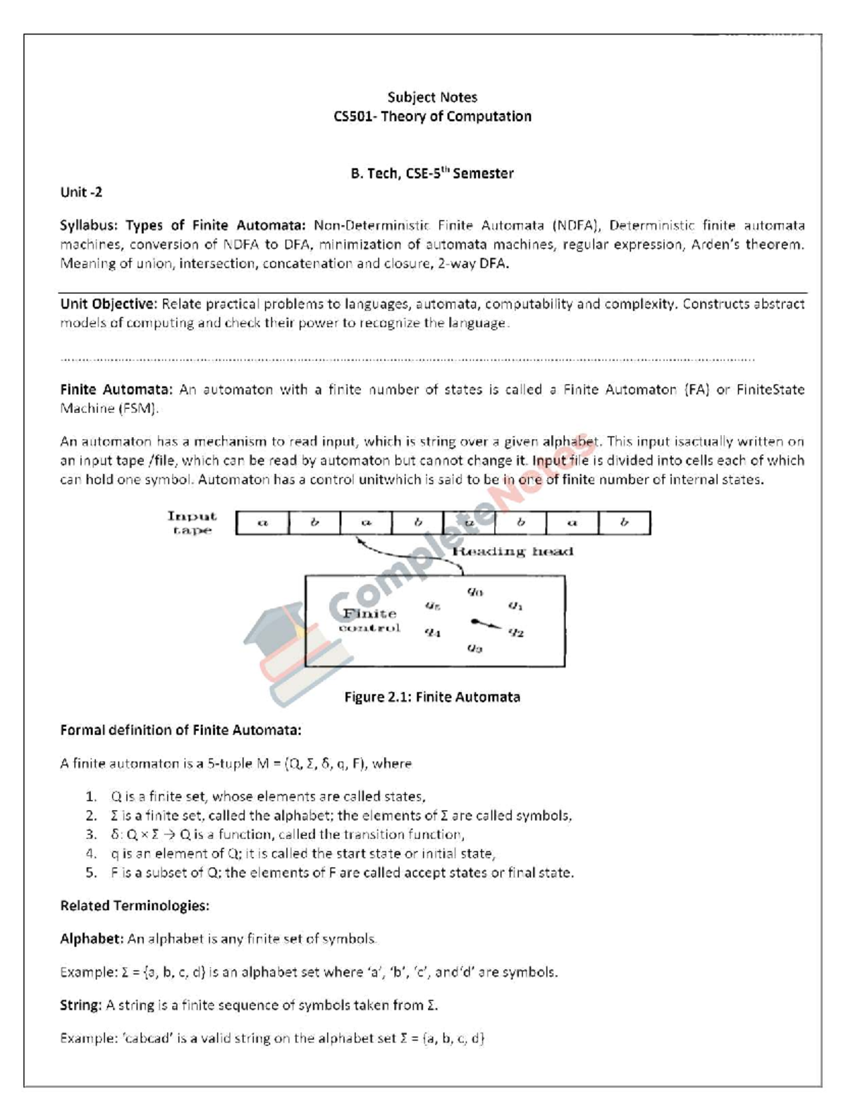 Unit 2 - Theory of Computation: Finite Automata Overview and Concepts - Studocu