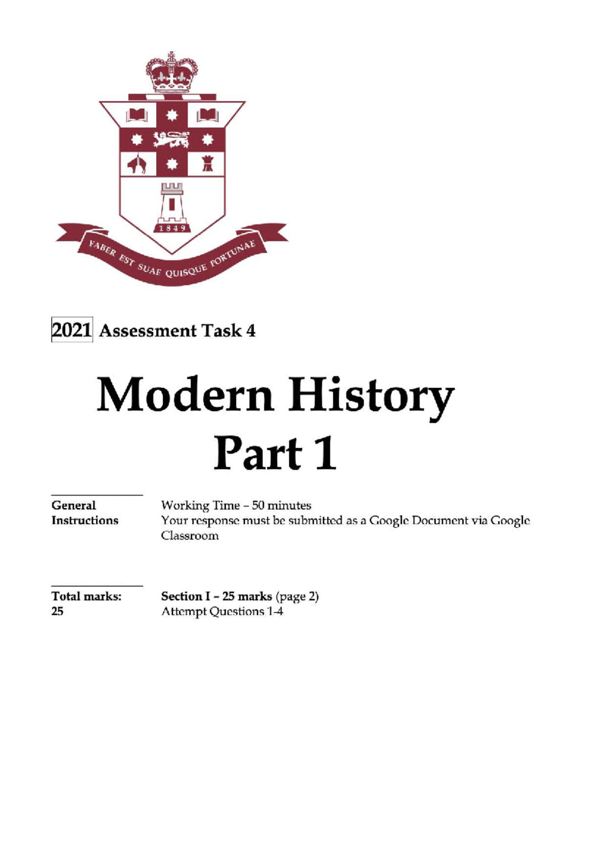 1849 FABER EST SUAE QUISQUE FORTUNAE - Modern History Assessment Task 4 ...