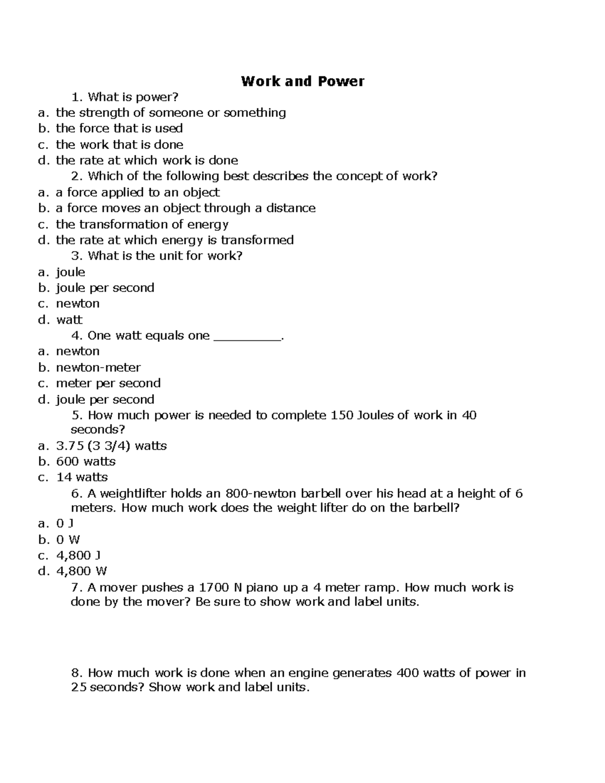 Work energy quiz - ................................. - Work and Power 1 ...