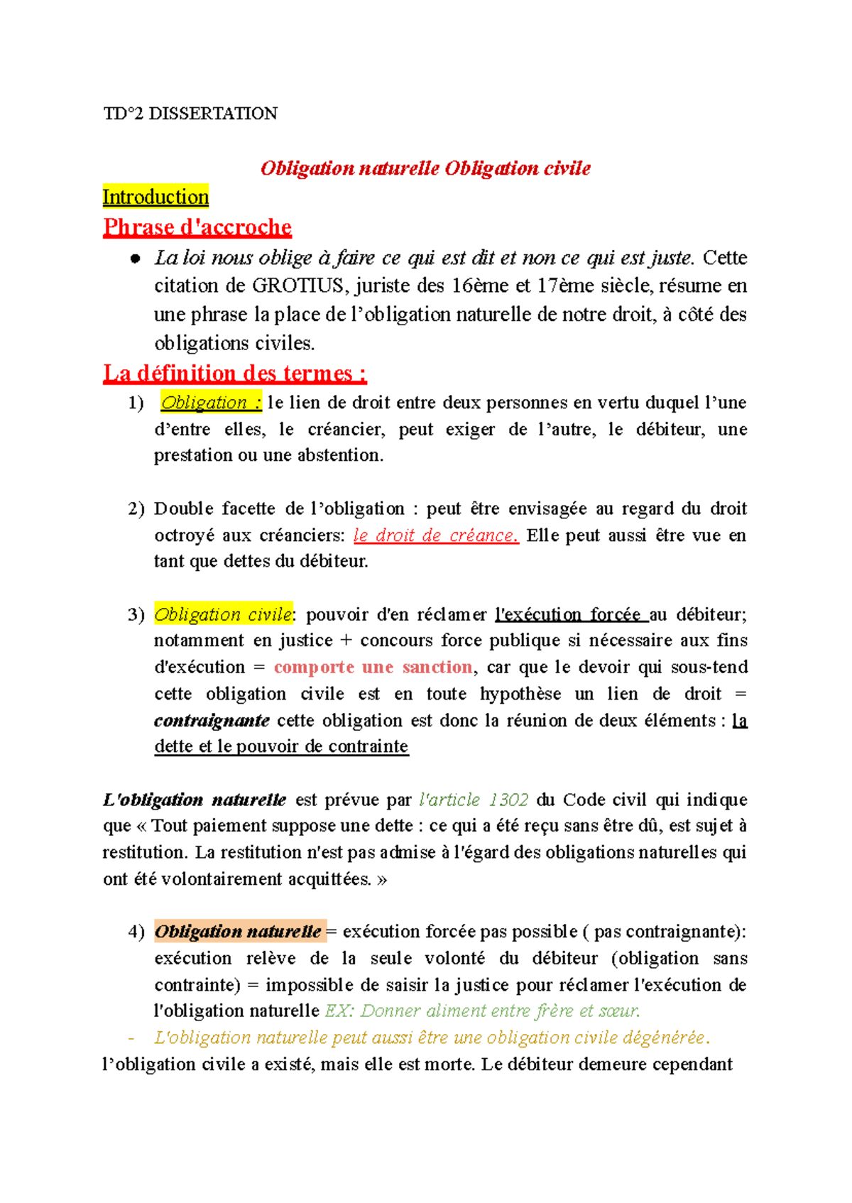 TD°2 Dissertation - Le Lien Entre Obligation Naturelle et Civile - Studocu
