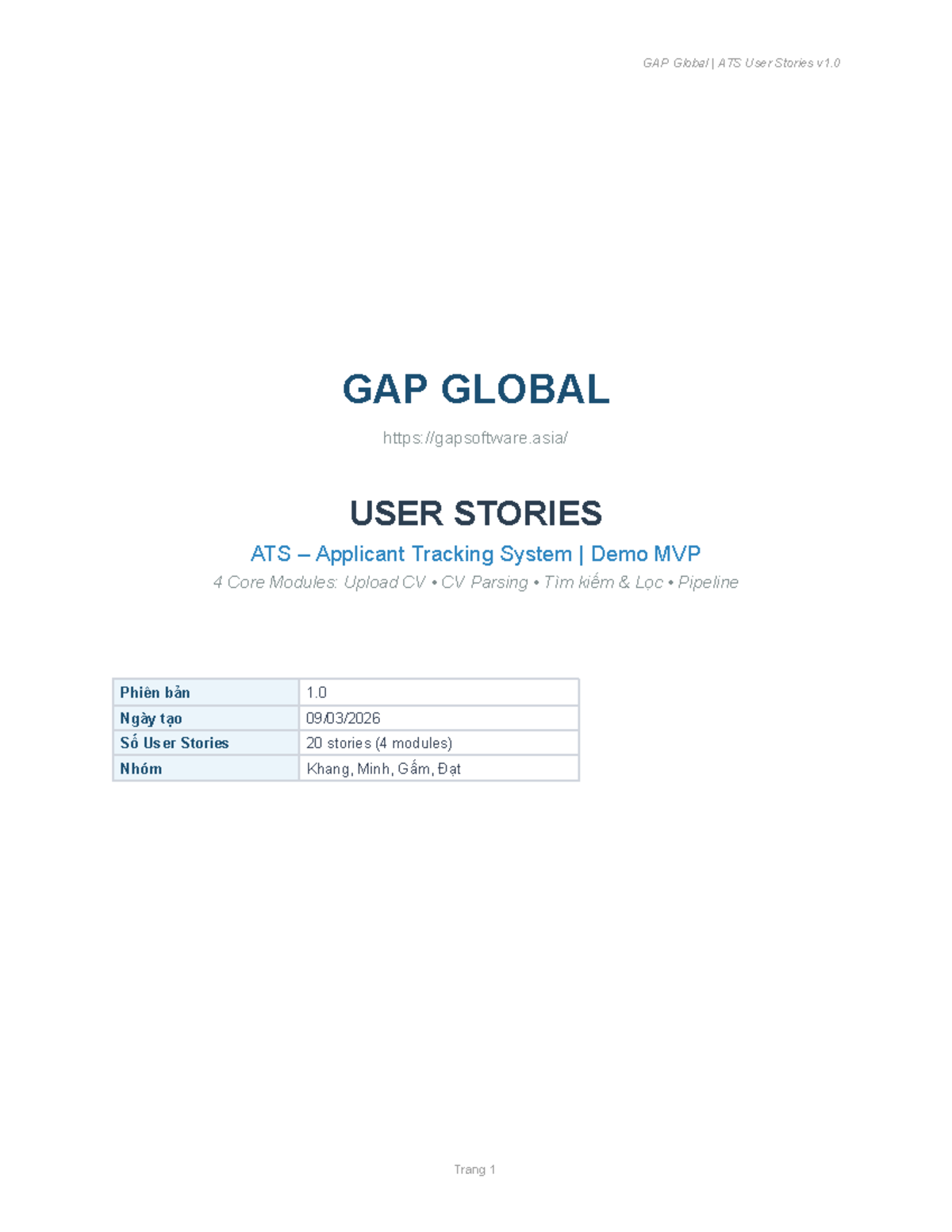 GAP Global ATS User Stories v1.0: Core Features & User Scenarios - Studocu