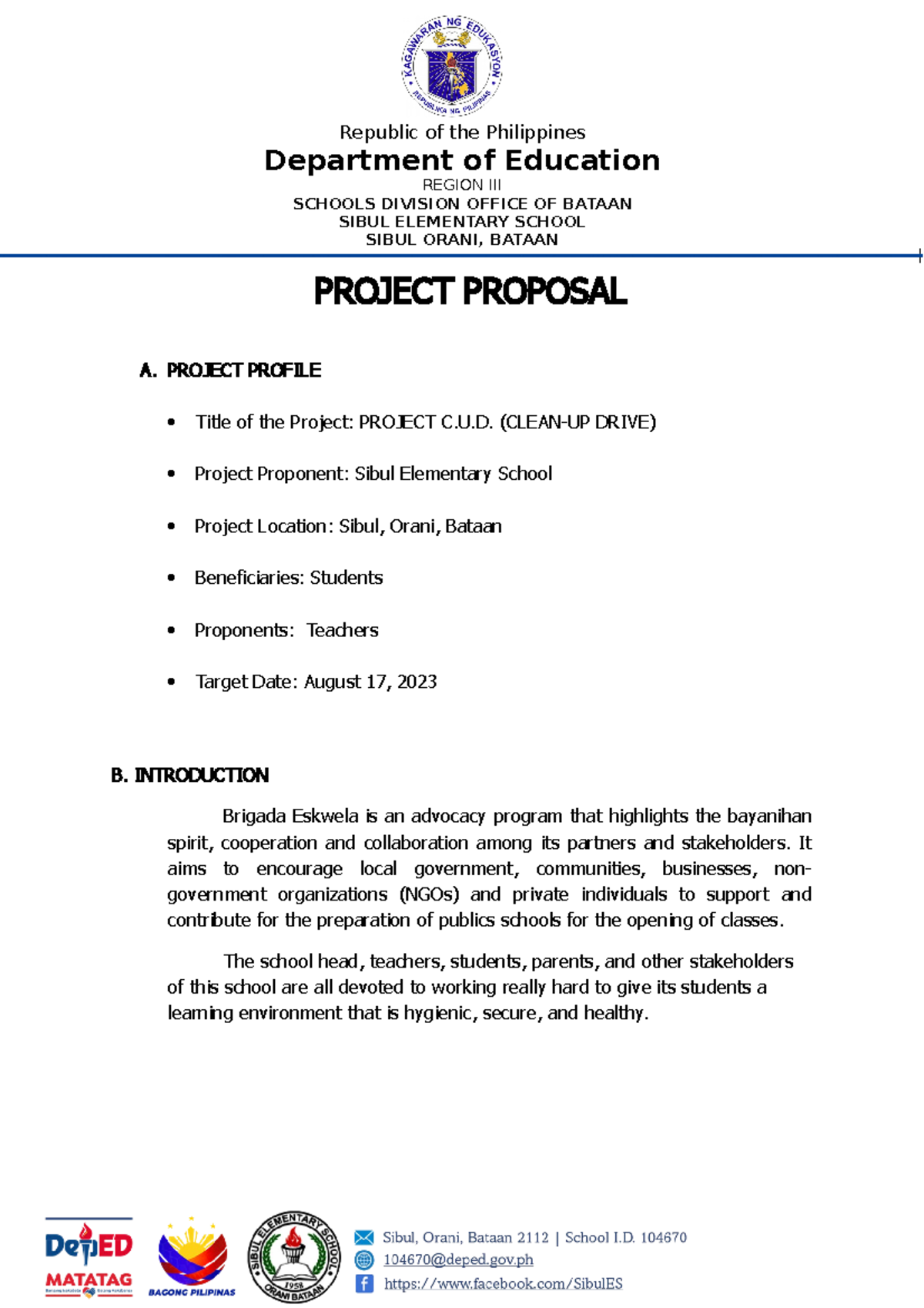 Brigada Eskwela Project Proposal: Clean-Up Drive for Environmental ...
