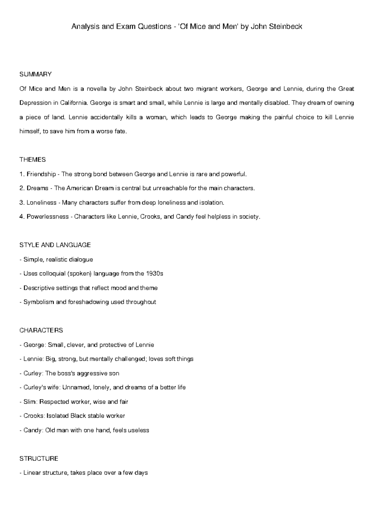 ENG 101: Of Mice and Men Analysis and Exam Questions - Studeersnel