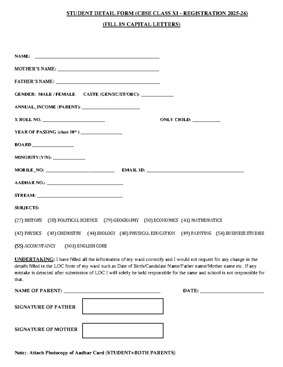 CBSE Class XI Student Detail Registration Form - Studocu