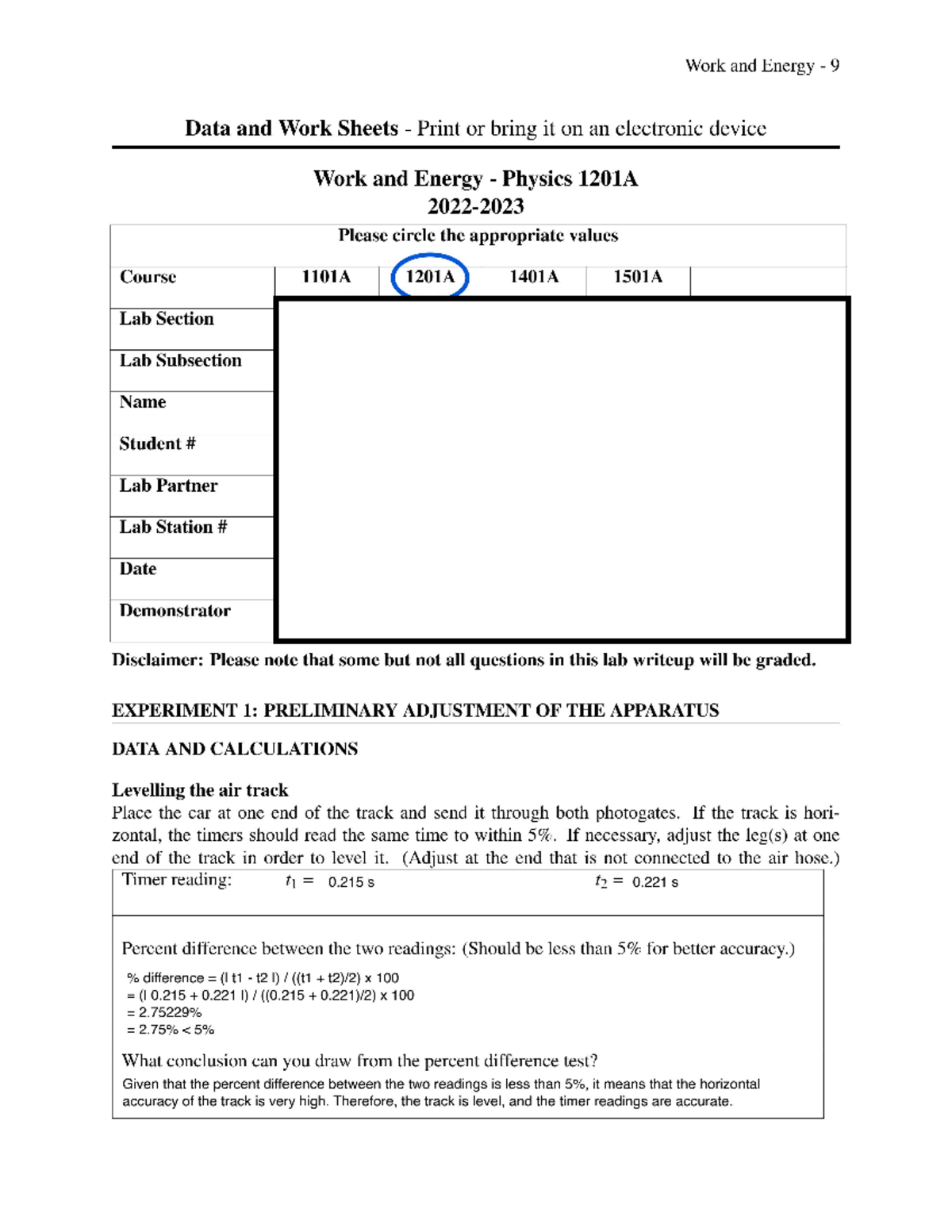 Work and Energy Lab - lab 3 - Physics 1201 - Studocu