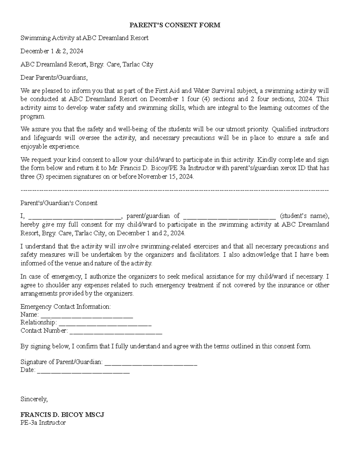 Parent Consent Form for Swimming Activity at ABC Dreamland Resort - Studocu