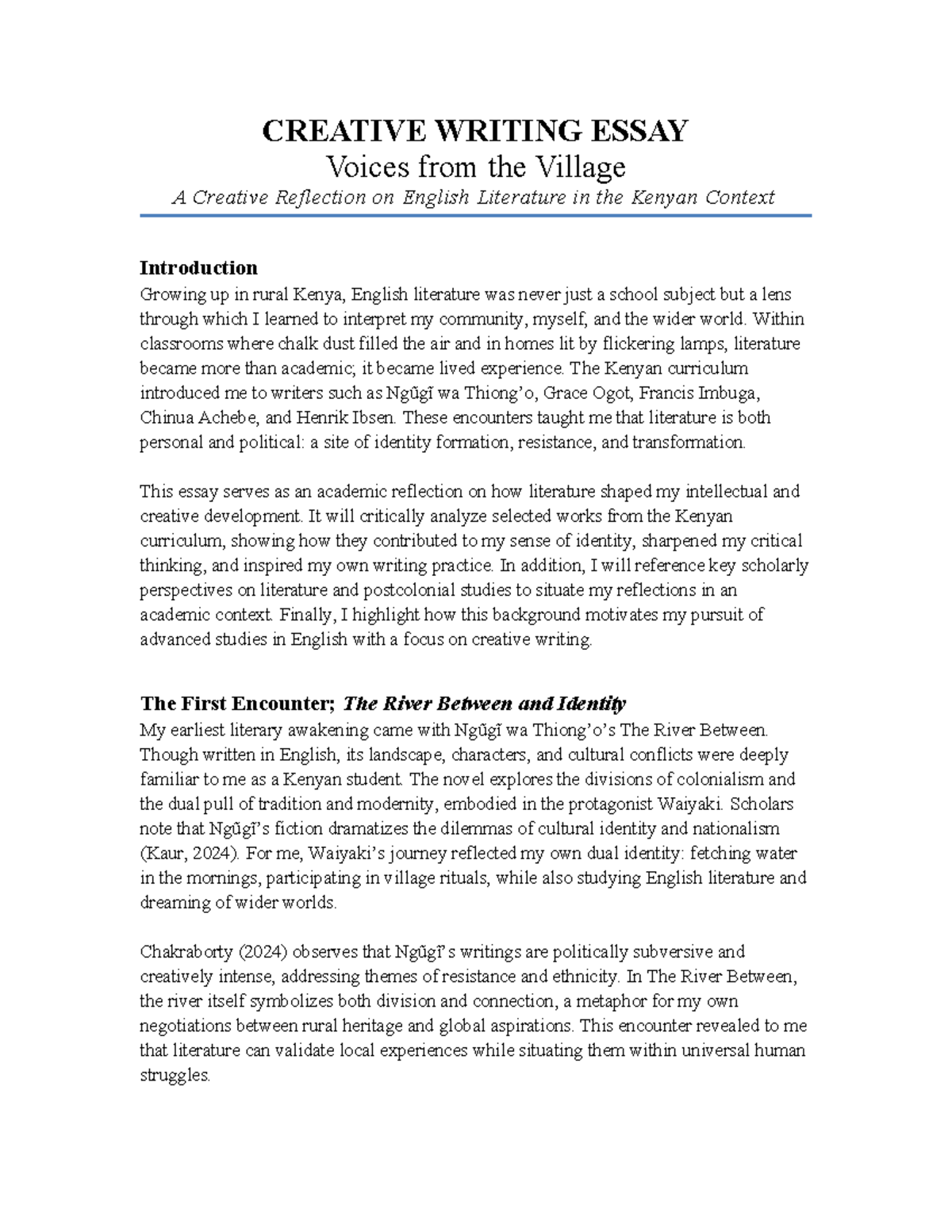 ENG 101 Creative Writing Essay: Voices from the Village in Kenyan ...