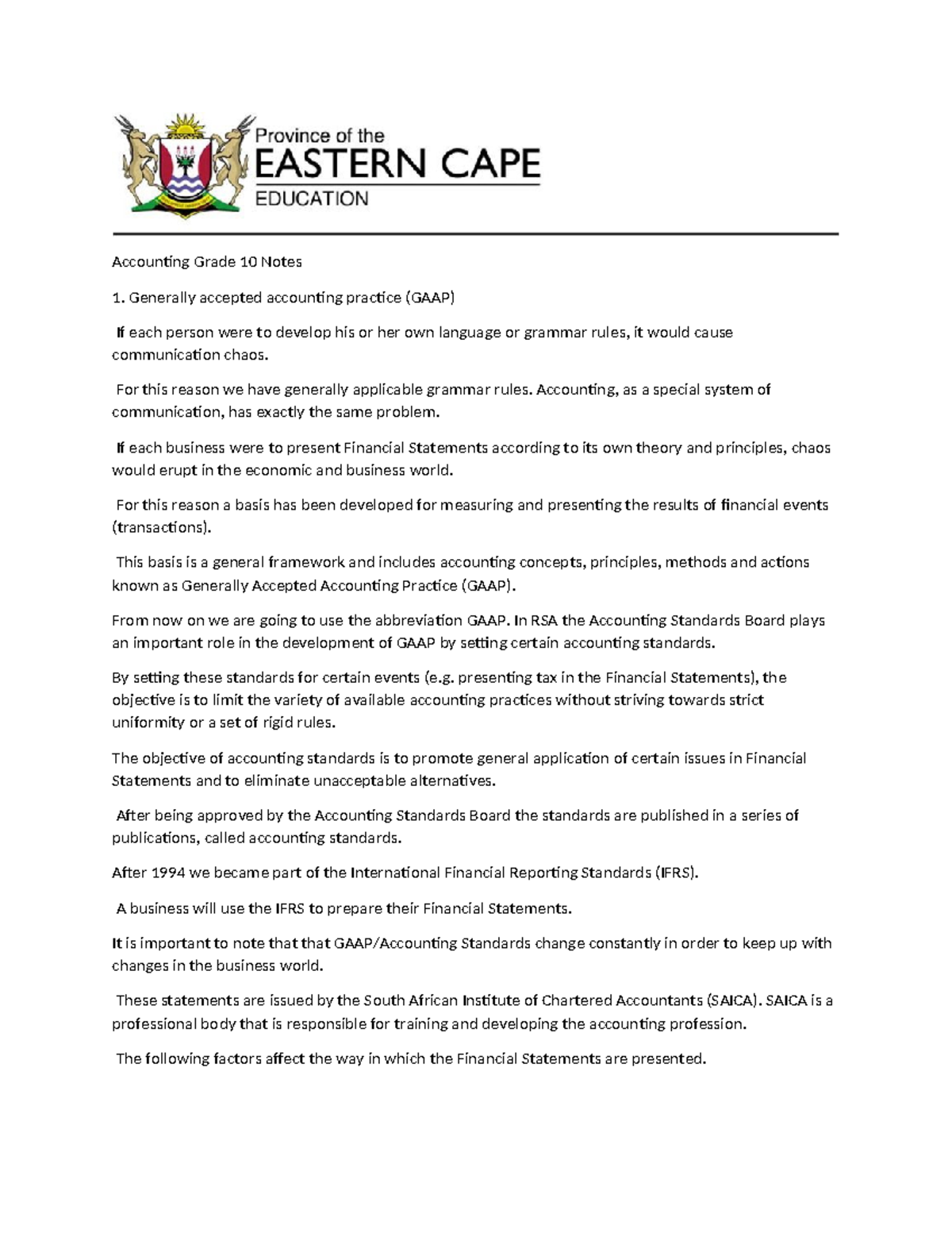 Accounting Grade 10: GAAP Principles and Concepts Overview - Studocu