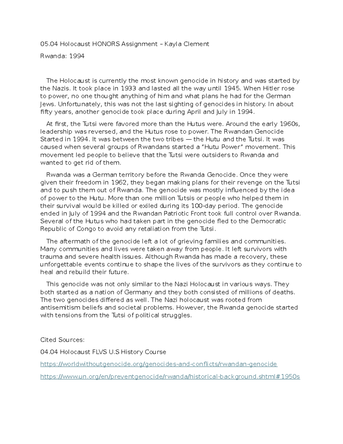 05.04 Holocaust Honors Assignment: Comparing the Holocaust & Rwandan ...